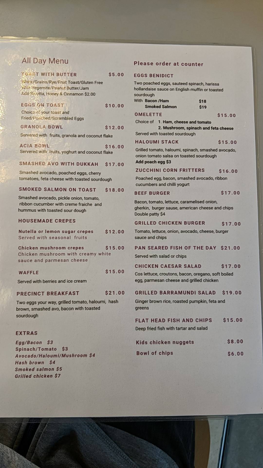 Menu at Precinct Cafe, Bondi Junction