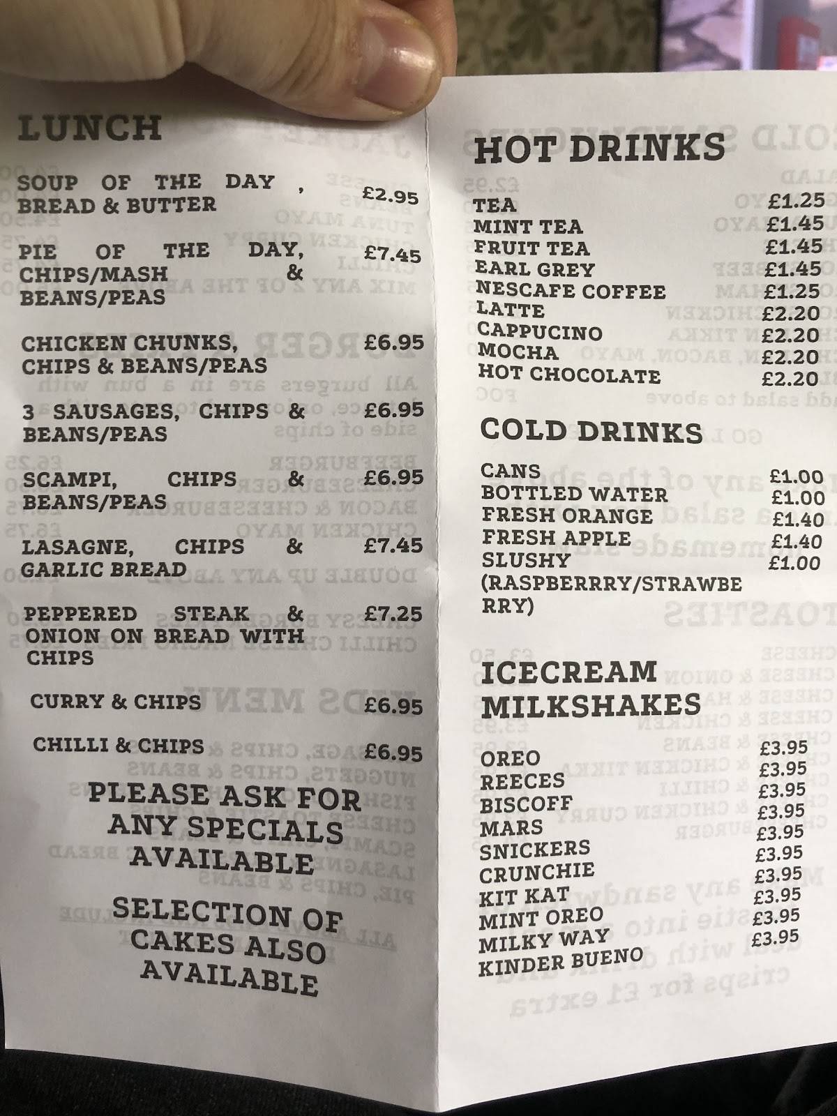 Menu at Preston's Cafe, Barnoldswick