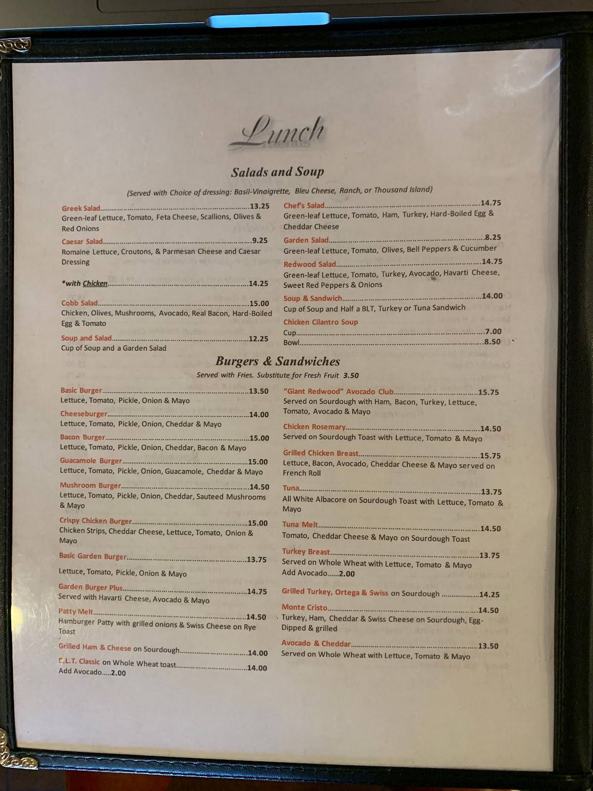 Menu at Redwood Cafe, Cambria