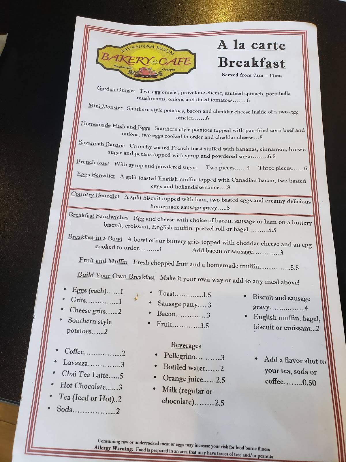 Menu at Savannah Moon Bakery & Cafe, Thomasville