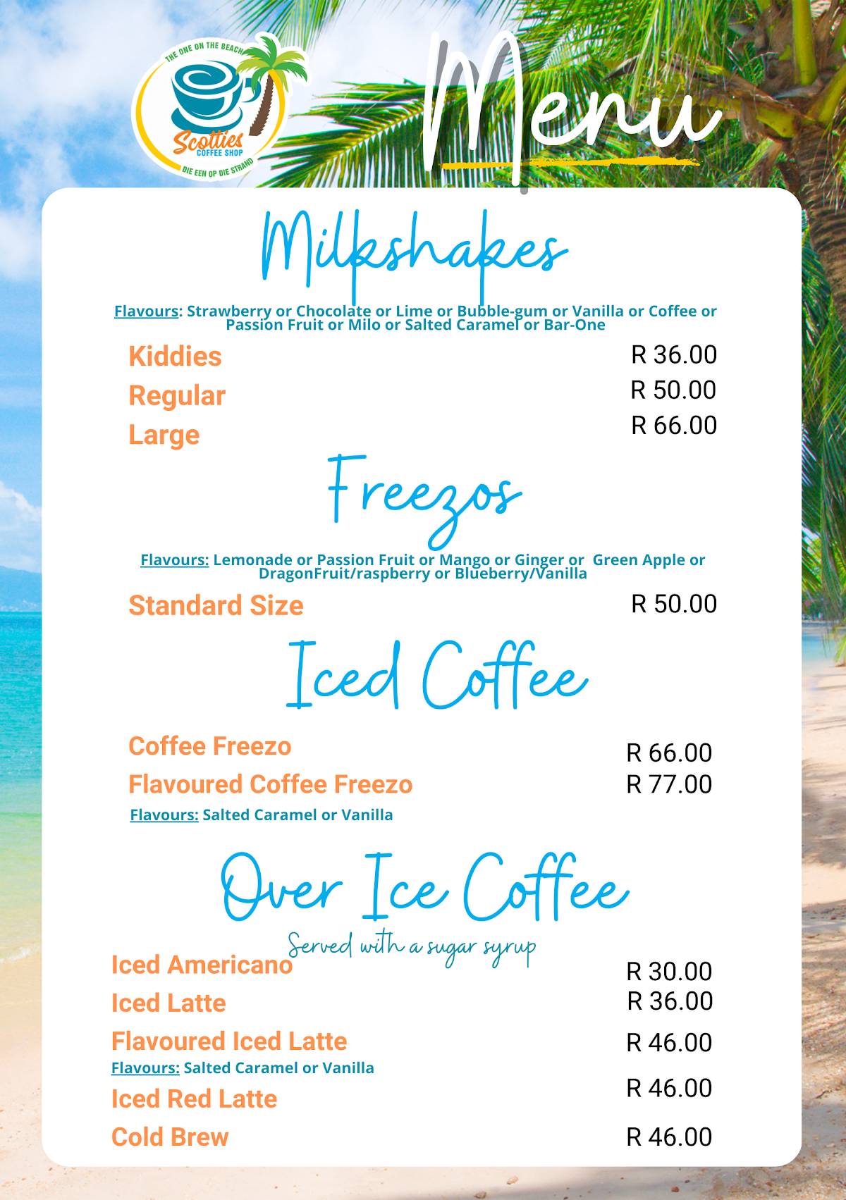 Menu at Scotties Coffee Shop cafe, Scottburgh