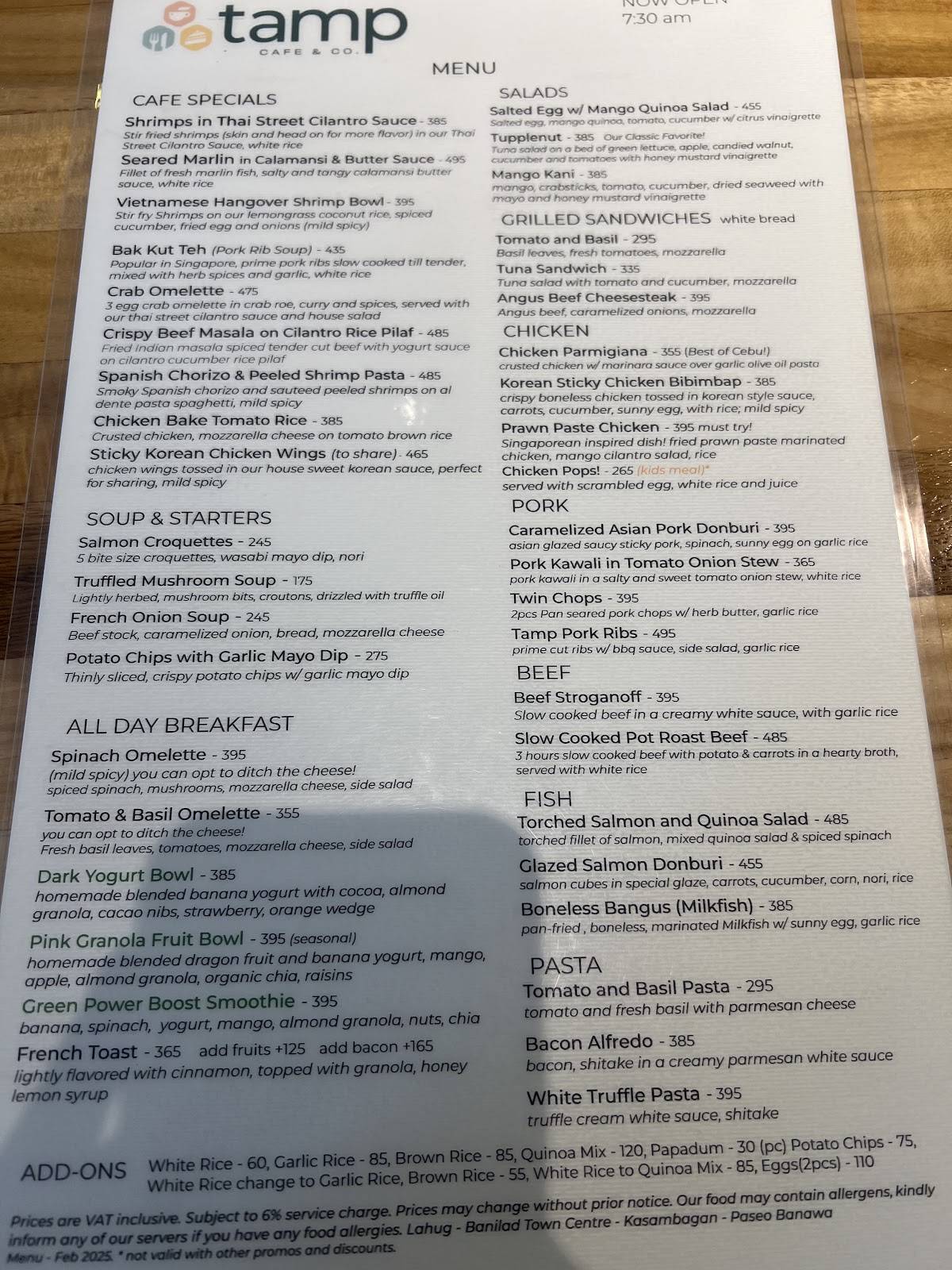 Menu at Tamp Cafe & Co. KASAMBAGAN, Cebu City, 12 President Aguinaldo ...