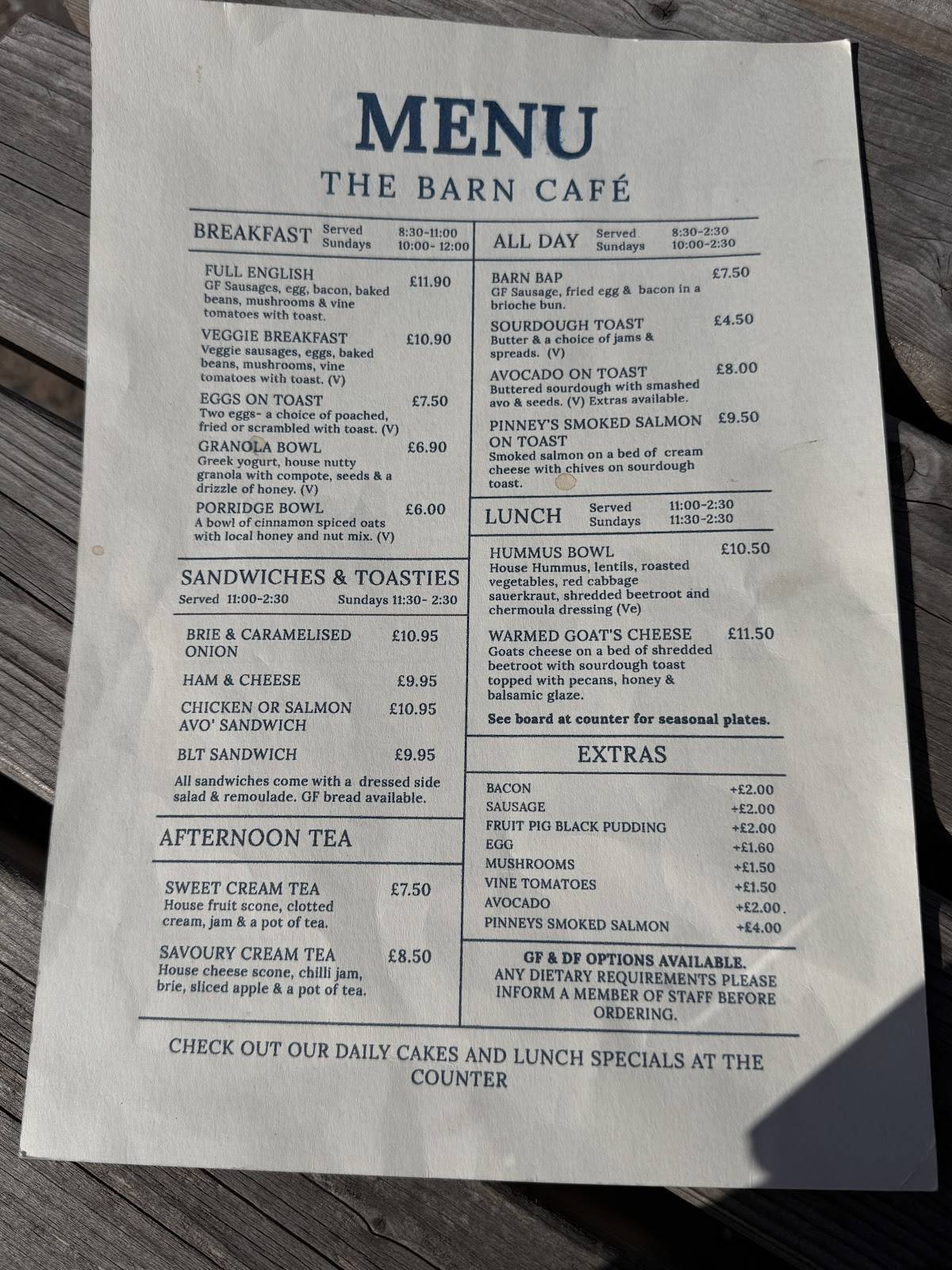 Menu at The Barn Café, Hasketon, Woodbridge
