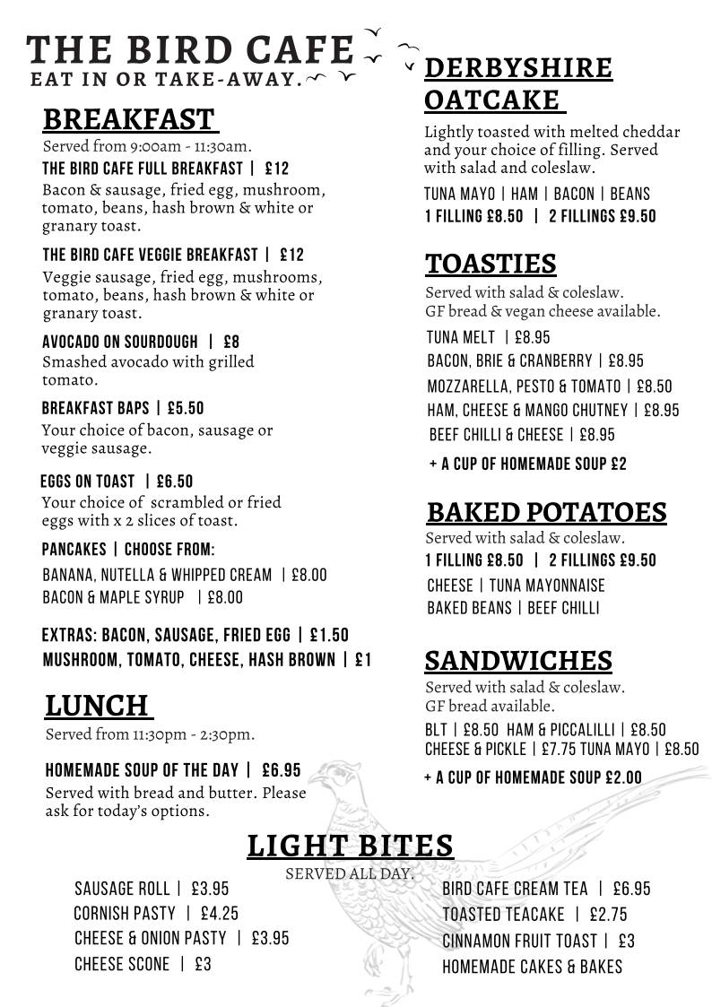 Menu at The Bird Cafe, Hathersage, The Bird Cafe