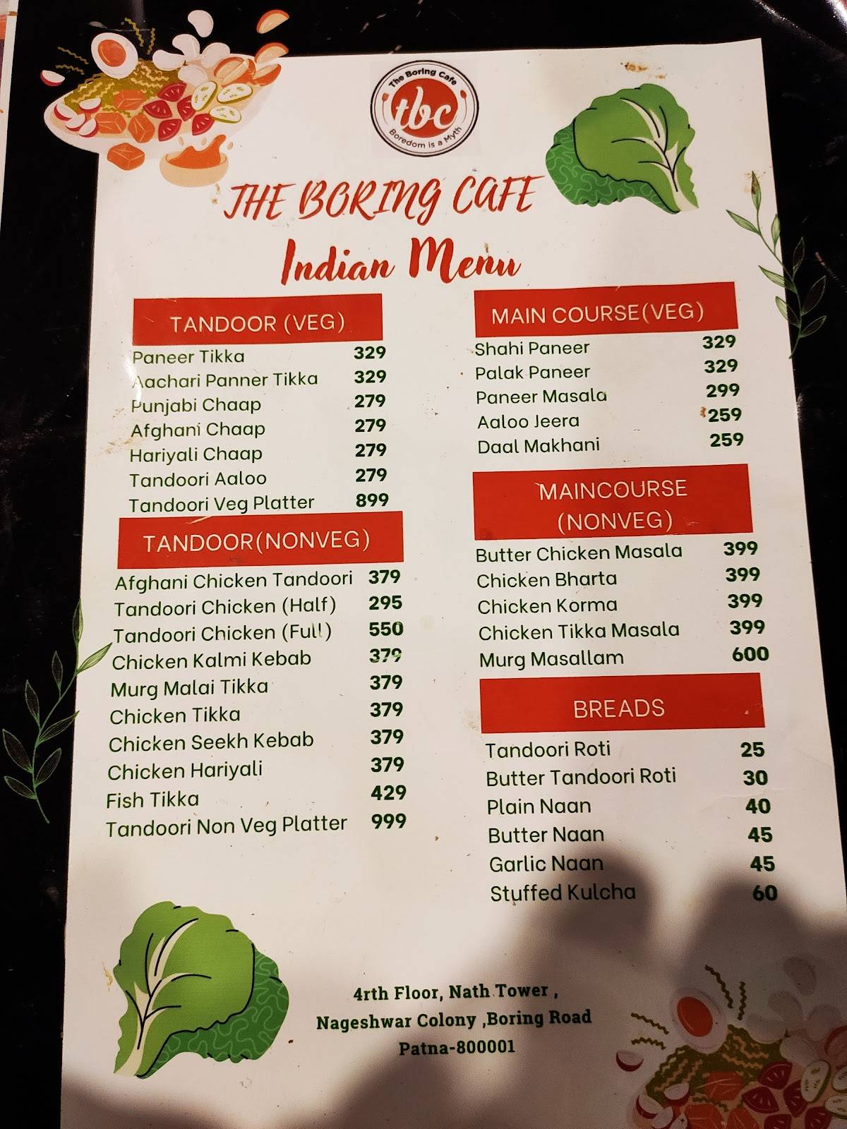 Menu at The Boring Café, Patna