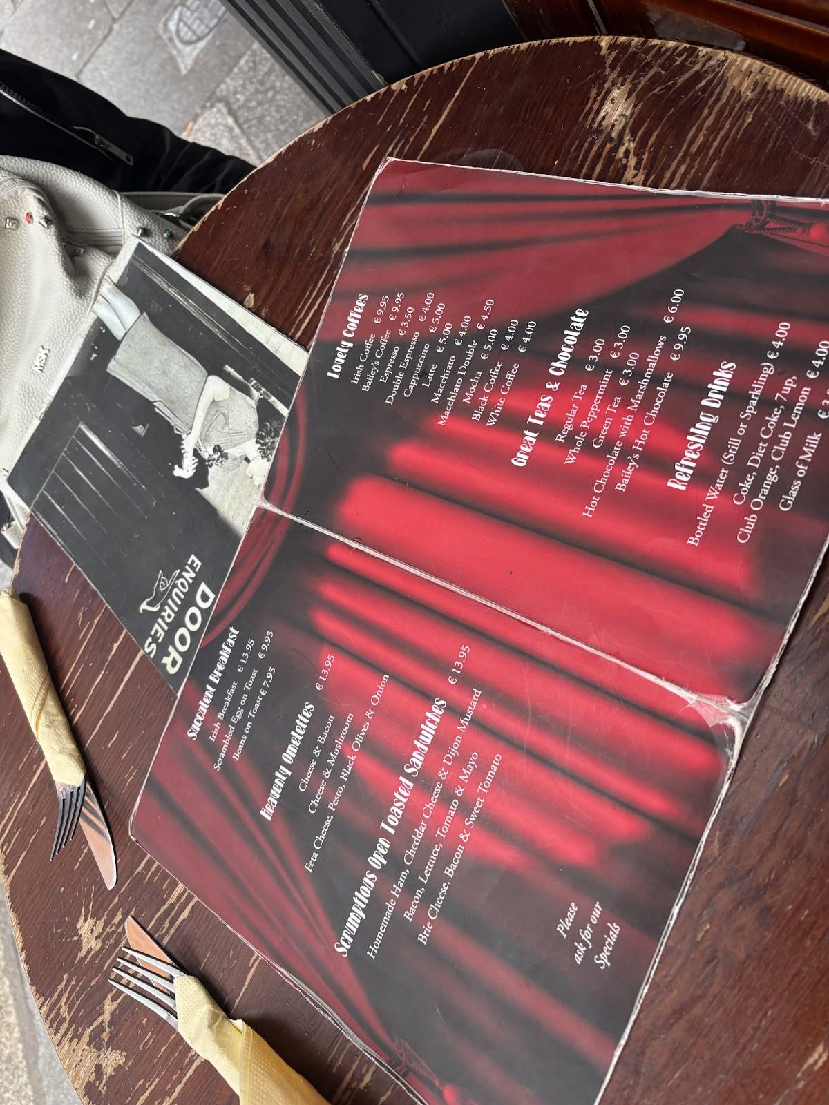 Menu at The Stage Door Cafe, Dublin