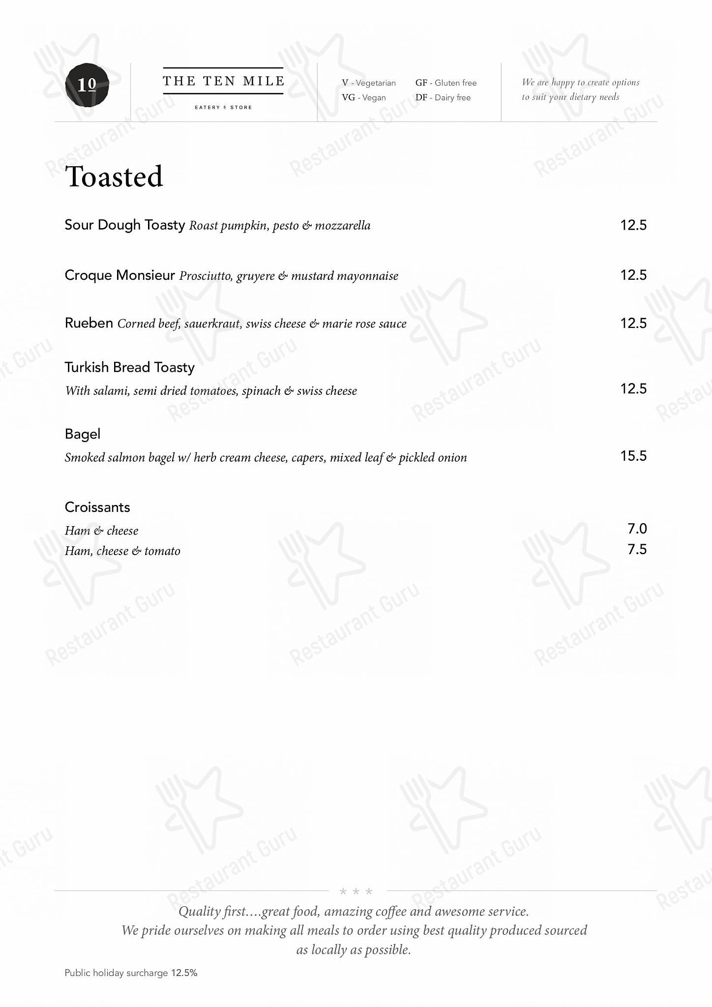 Menu at The Ten Mile cafe, Holbrook