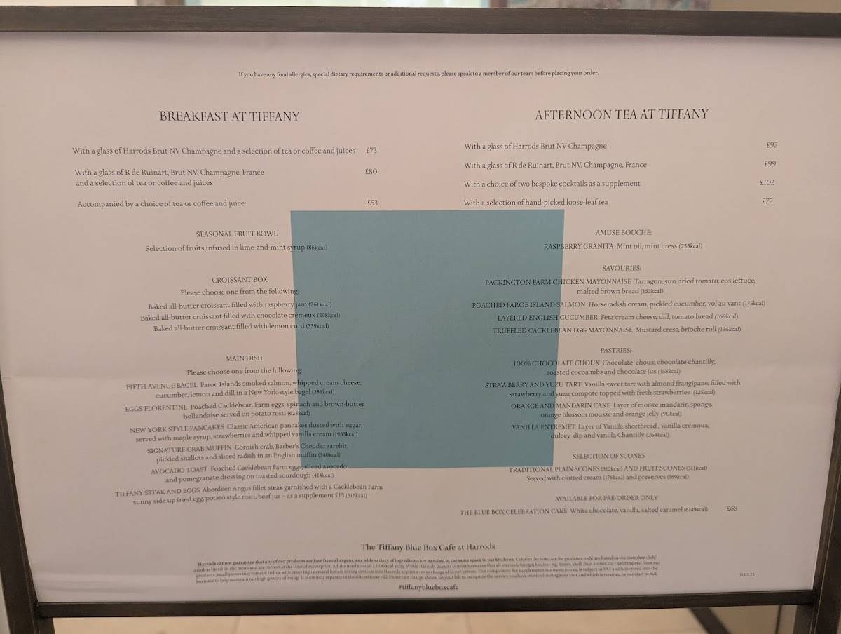 Carta de The Tiffany Blue Box Cafe, Londres