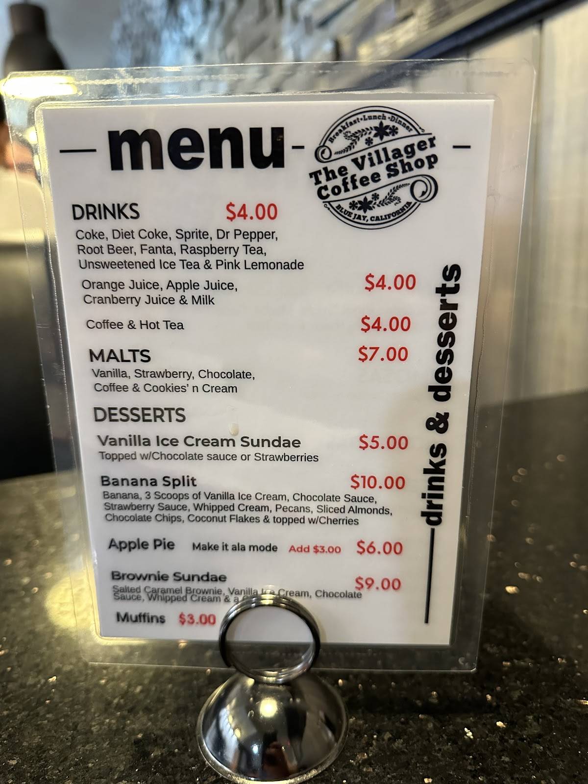 Carta del pub y bar The Villager Coffee Shop, Lake Arrowhead