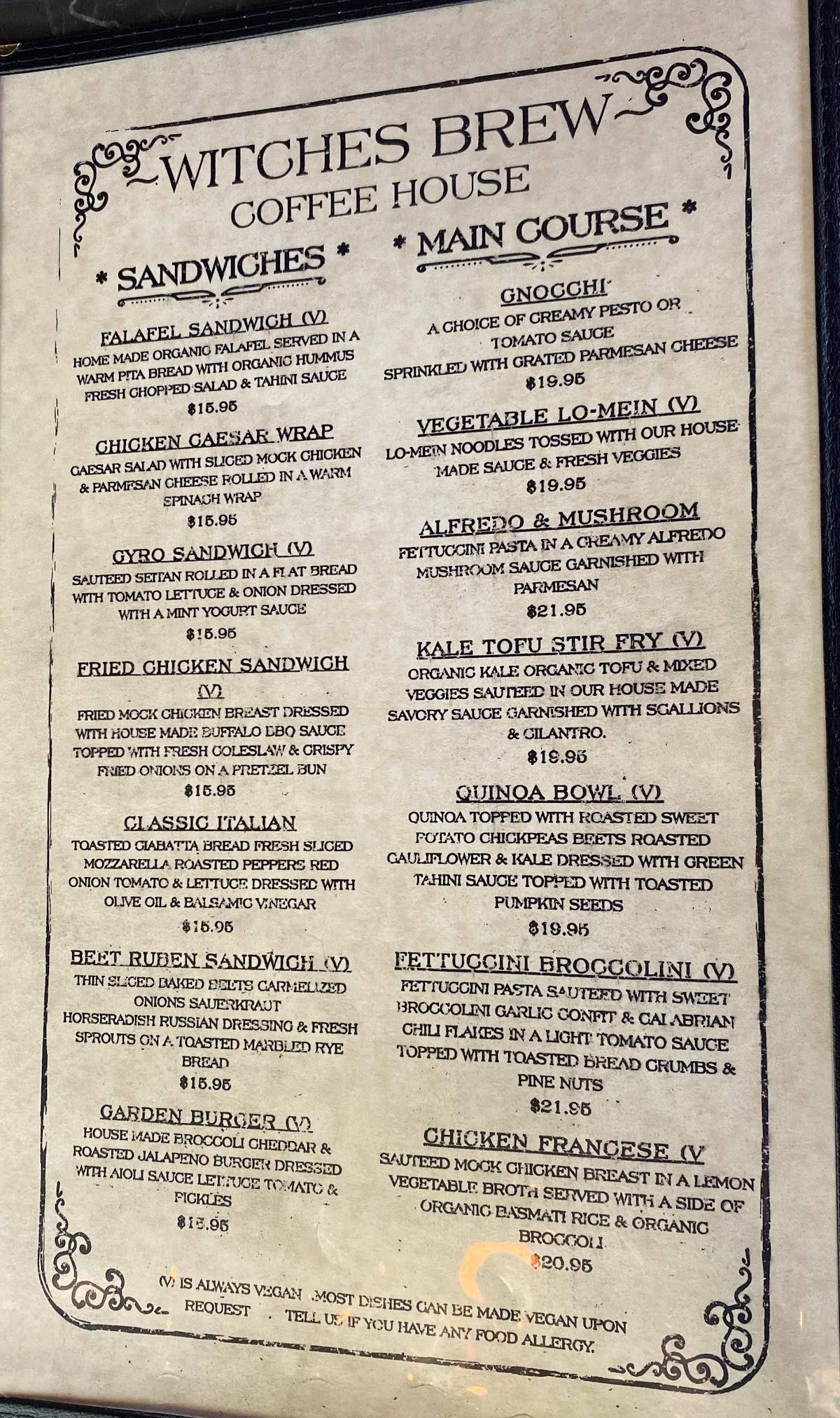 Menu at The Witches Brew cafe, West Hempstead