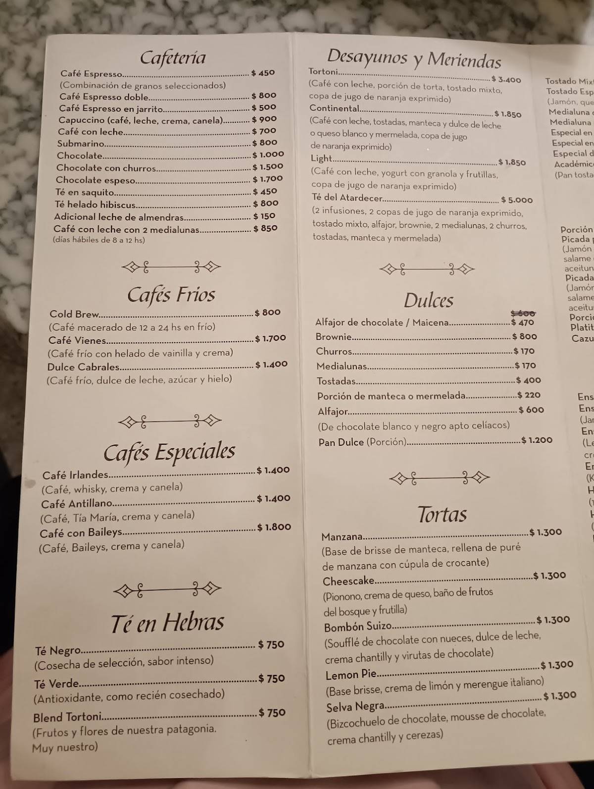 Menu at Café Tortoni, Buenos Aires, Av. de Mayo 825