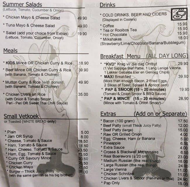 Menu at Vetkoek Paleis Brackenfell restaurant, Cape Town, 15A