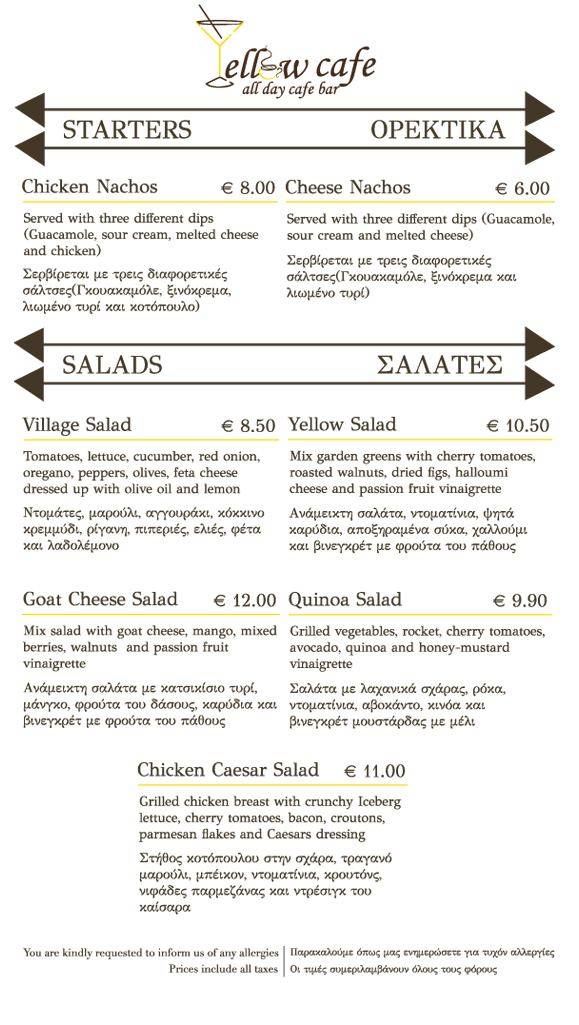Menu at Yellow Cafe, Limassol, Molos