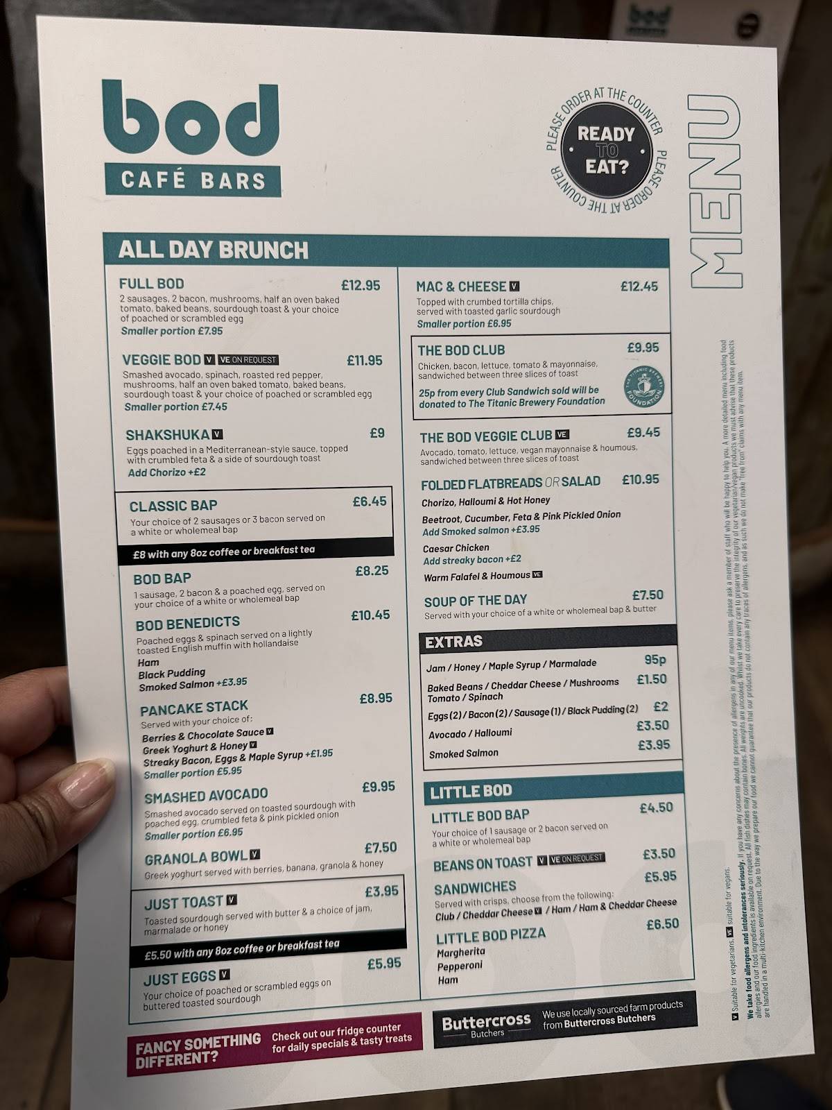 Menu at bod Matlock cafe, Matlock