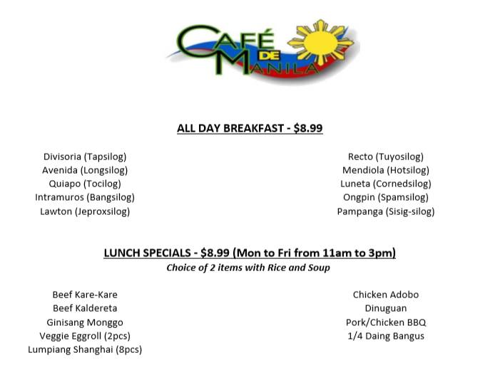 Menu at Cafe de Manila, Las Vegas