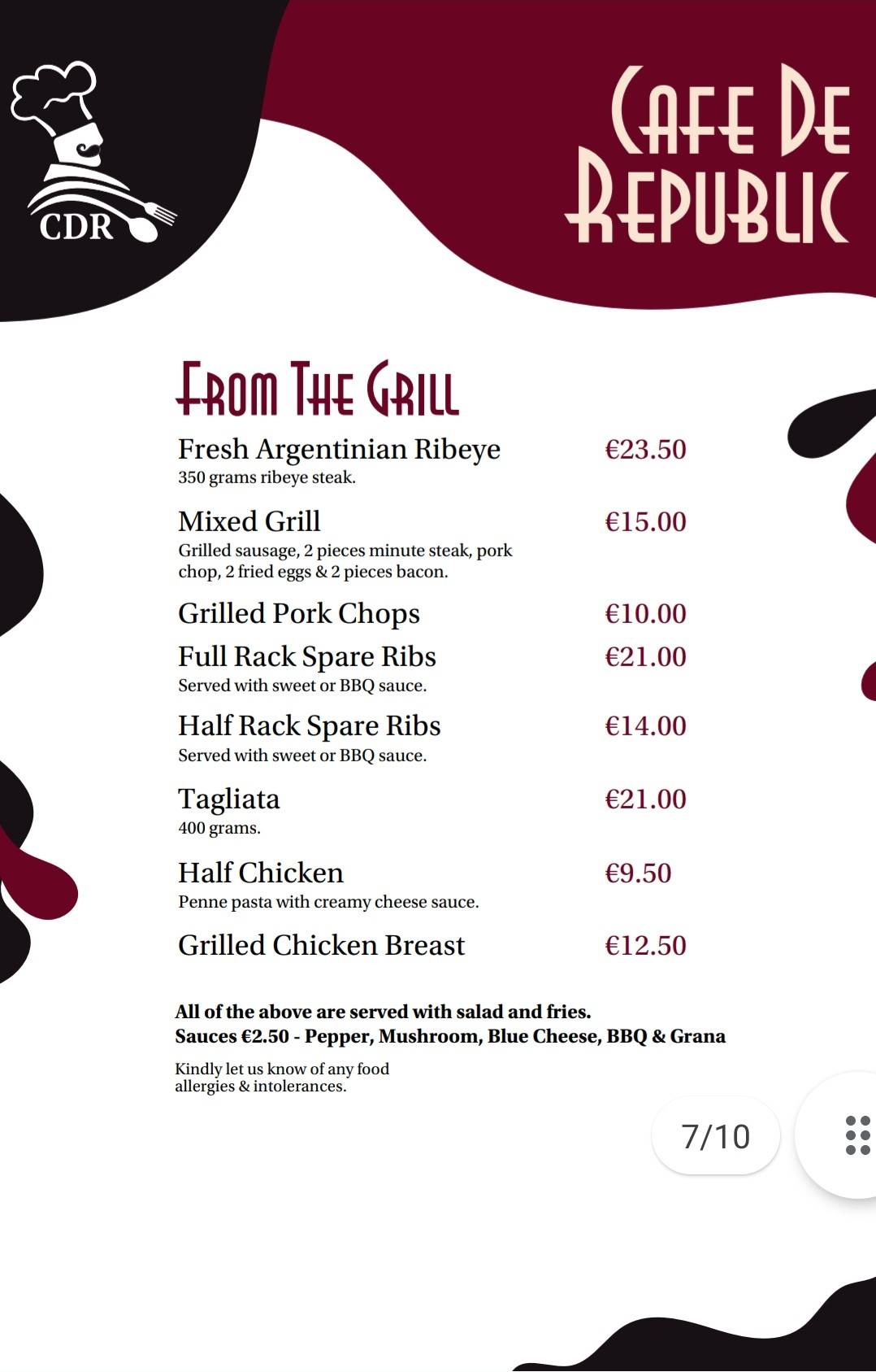 Menu at Cafe de Republic, Hamrun