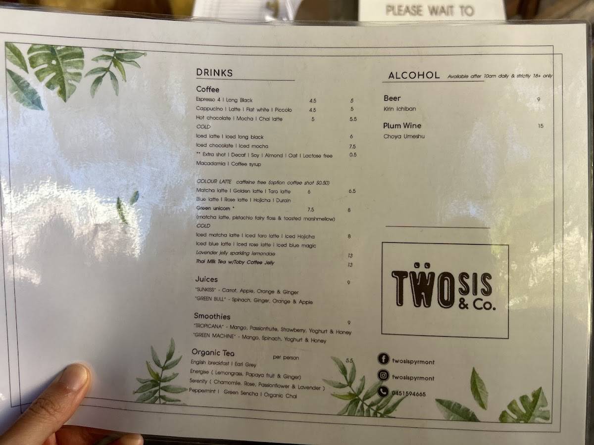 Menu at two sis & co cafe, Pyrmont