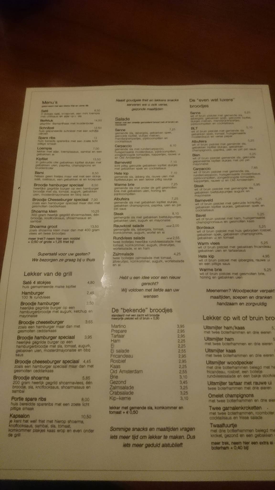 Menu at Woodpecker Cafeteria, Bavel, Kerkstraat 31
