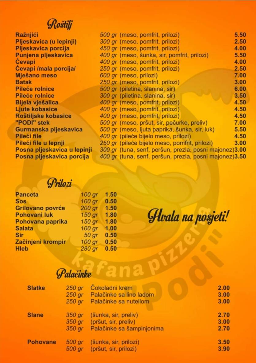 Menu at Caffe Bar & Restaurant Podi, Herceg Novi, 46 Pođanski put