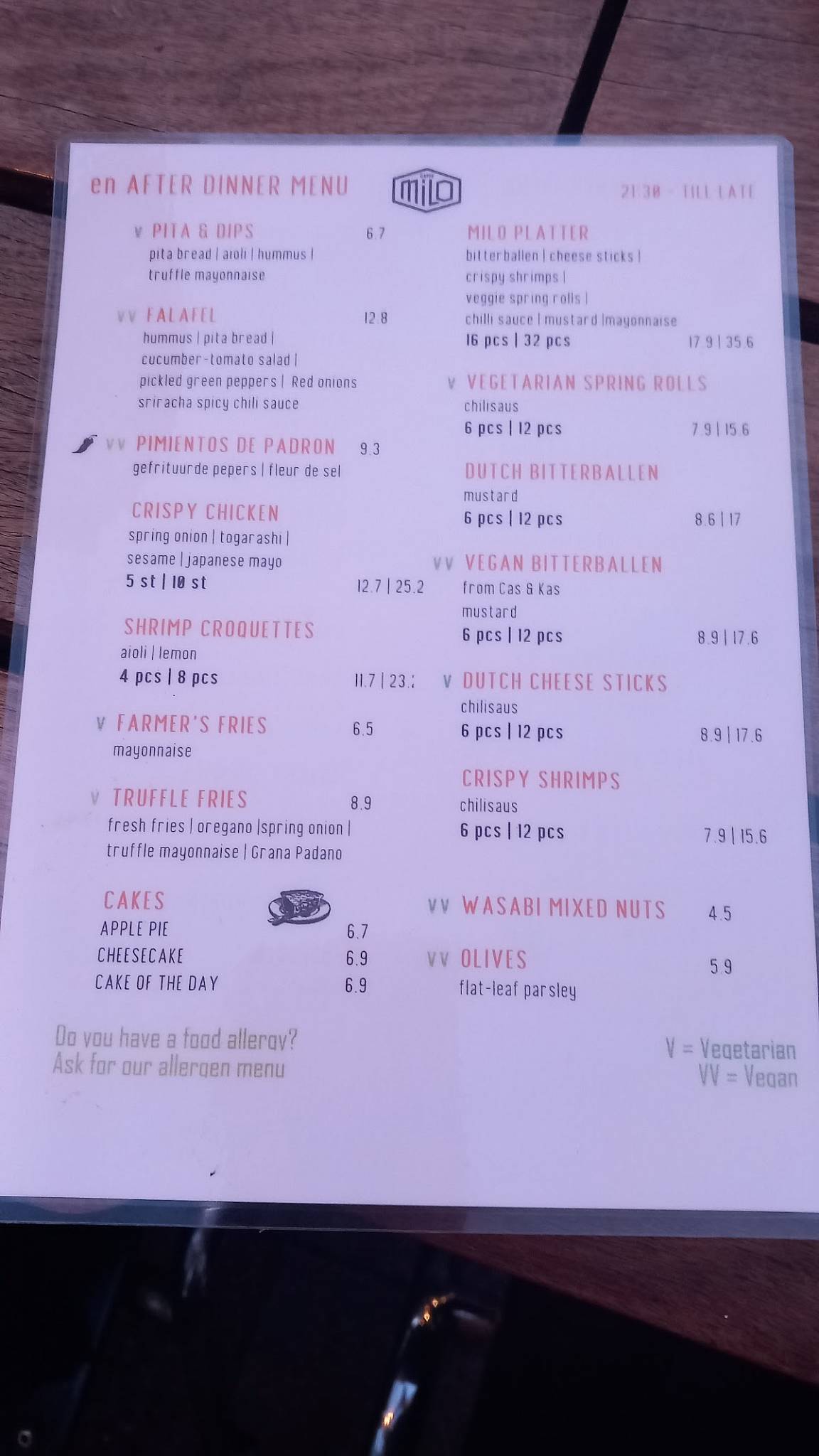 Menu at Caffe Milo, Amsterdam