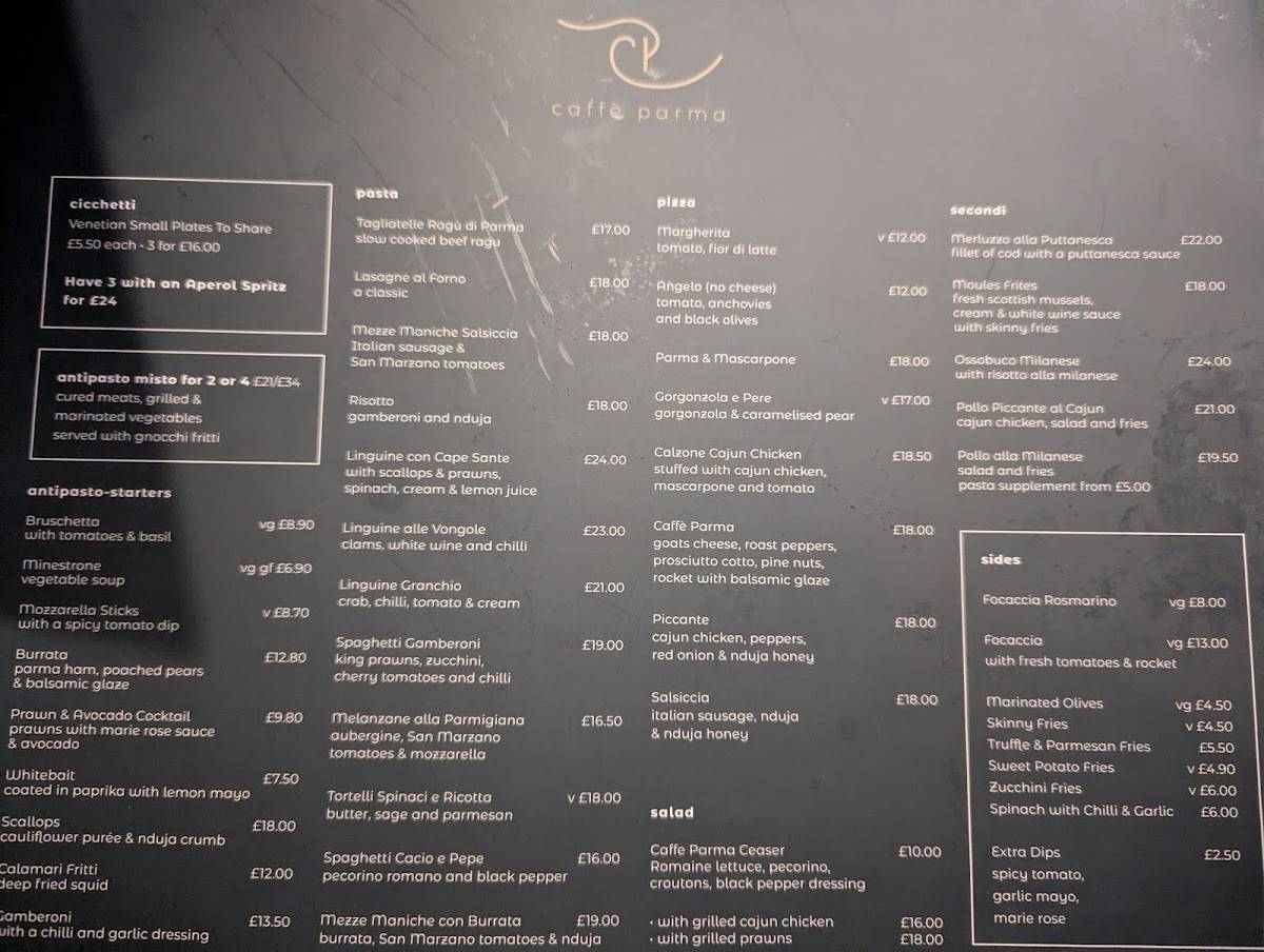 Menu at Caffè Parma restaurant, Glasgow