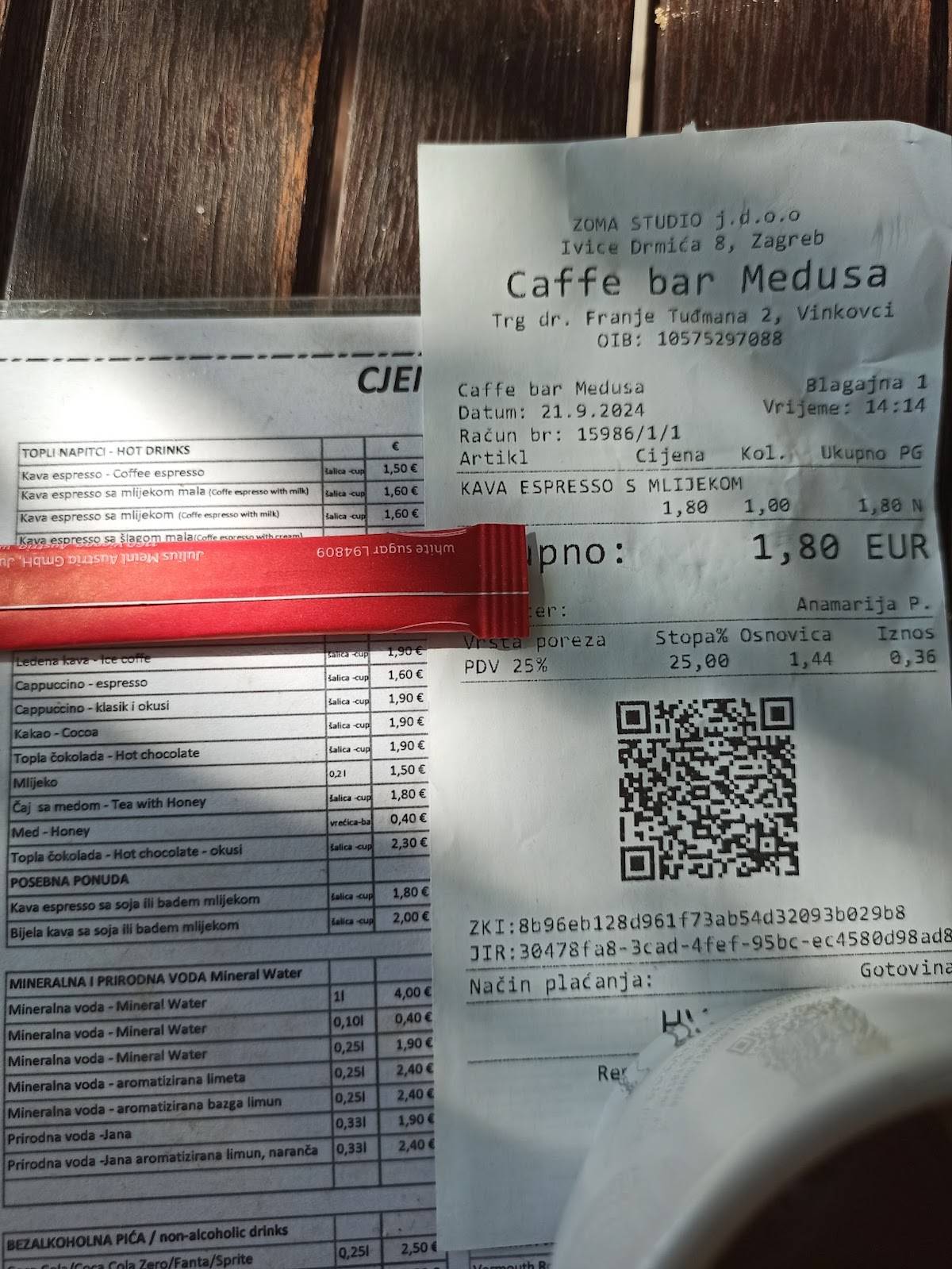 Menu da Caffe bar Medusa, Vinkovci