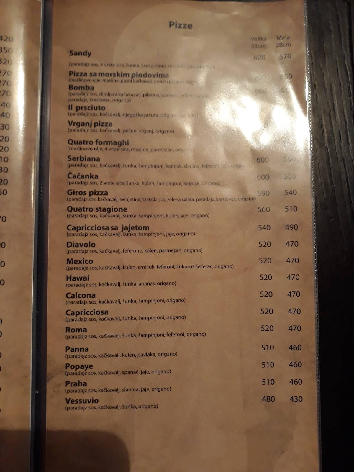 Menu at Caffe pizzeria Sandy, Čačak