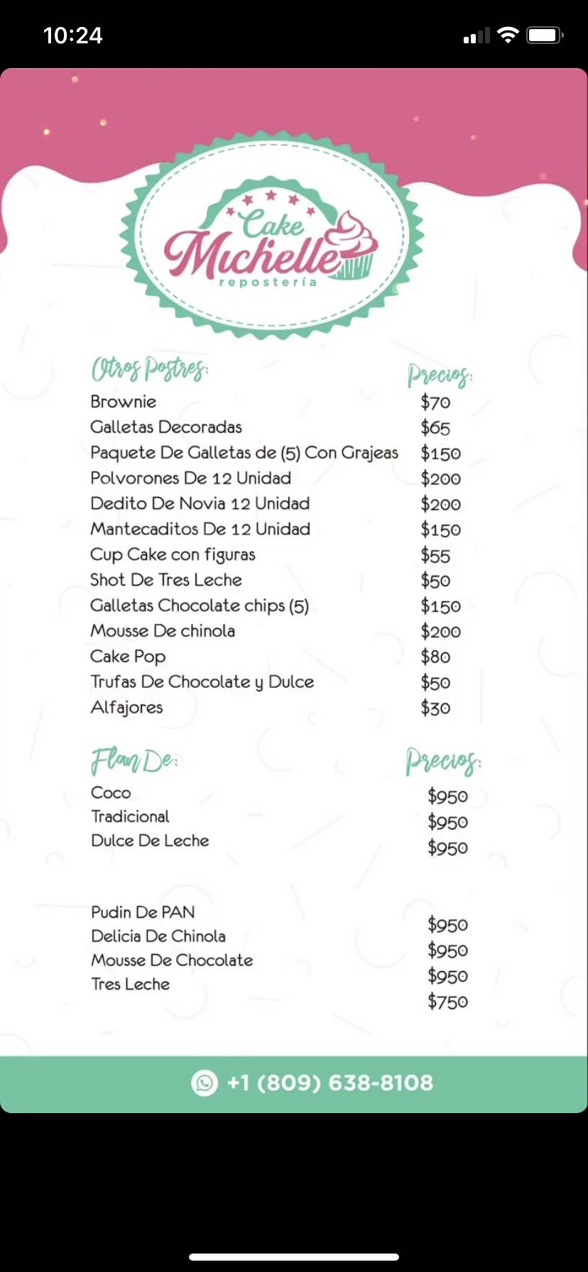 Menu at Cake Michelle Repostería restaurant, Santo Domingo