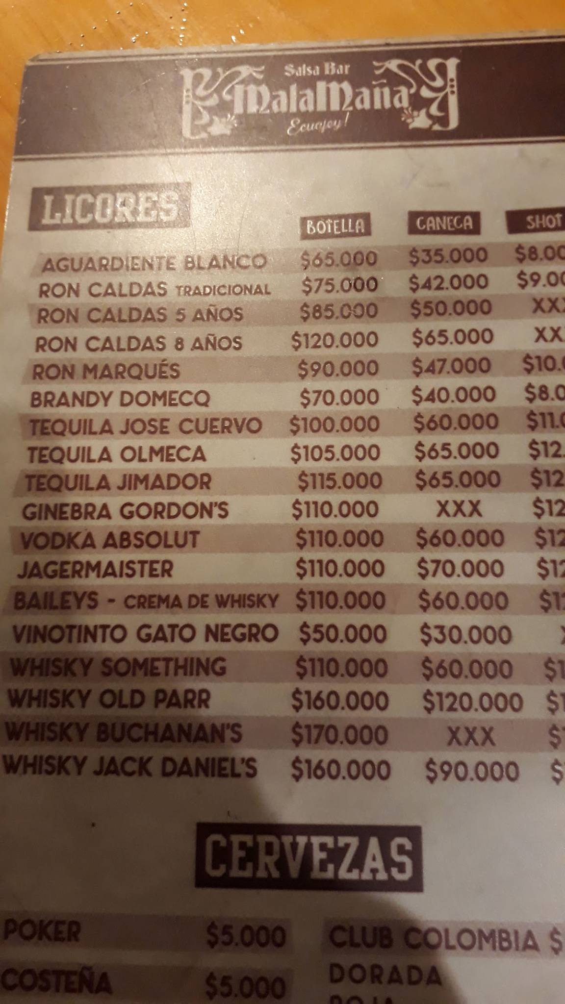 Carta de MalaMaña Salsa Bar, Cali
