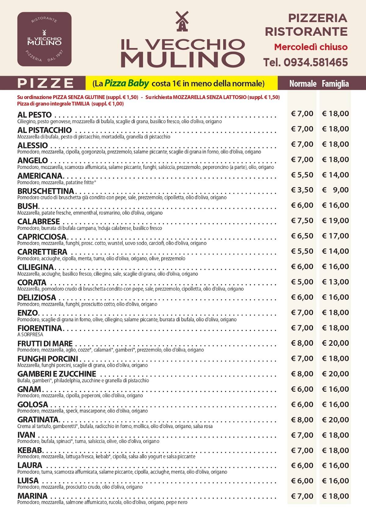Menu da Pizzeria Il Vecchio Mulino Ristorante, Caltanissetta