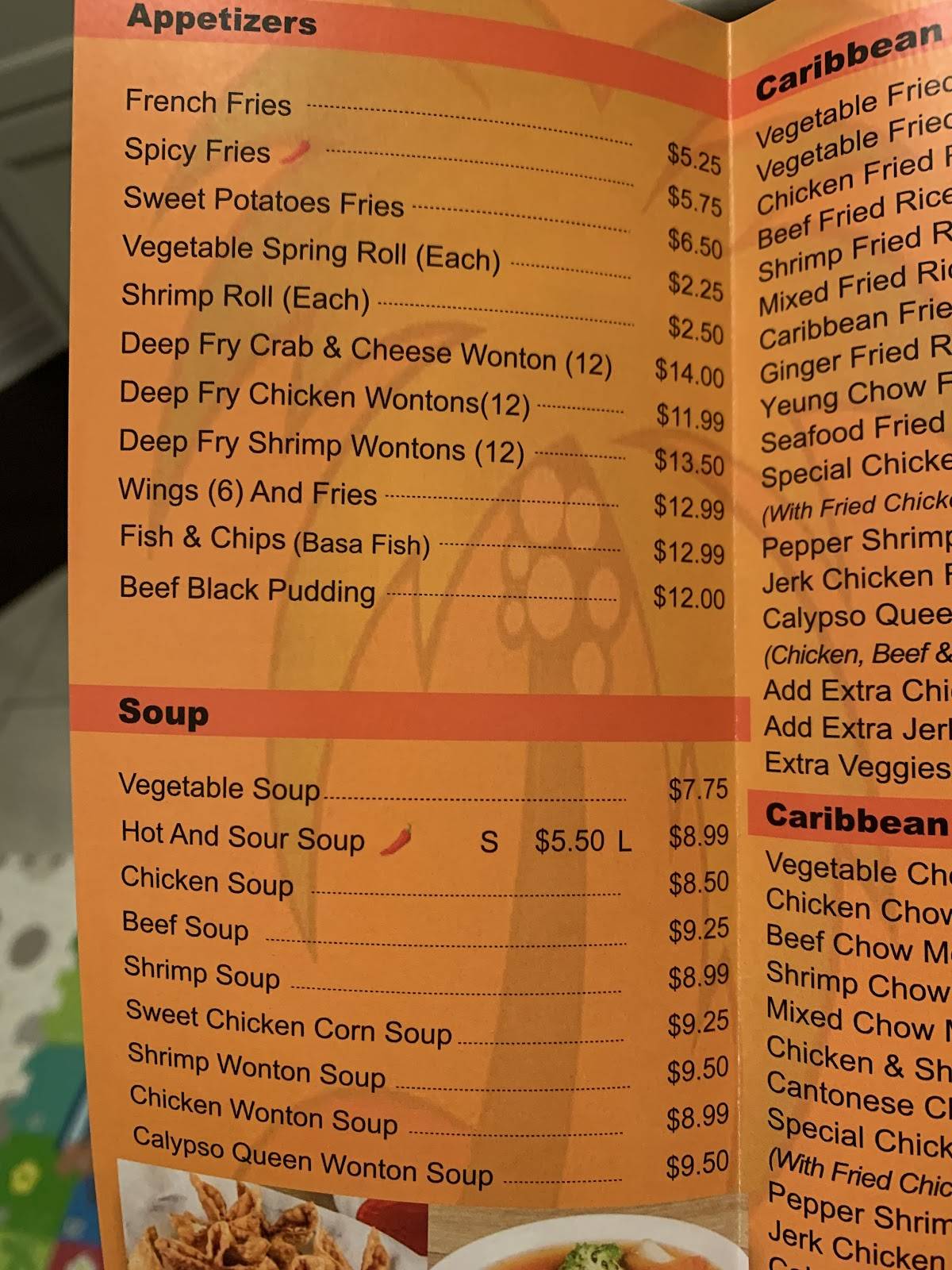 Menu at Calypso Queen Caribbean Chinese Cuisine restaurant, Whitby