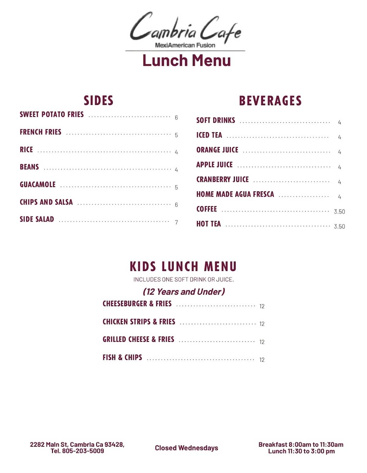 Menu at Cambria Cafe, Cambria