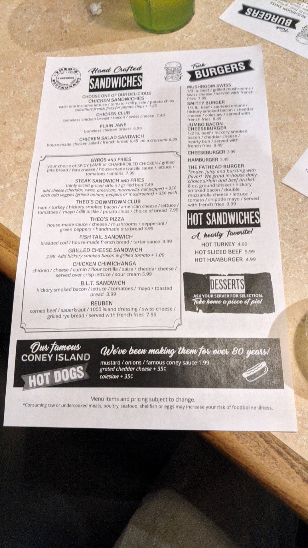 Menu at Theo's Restaurant, Cambridge