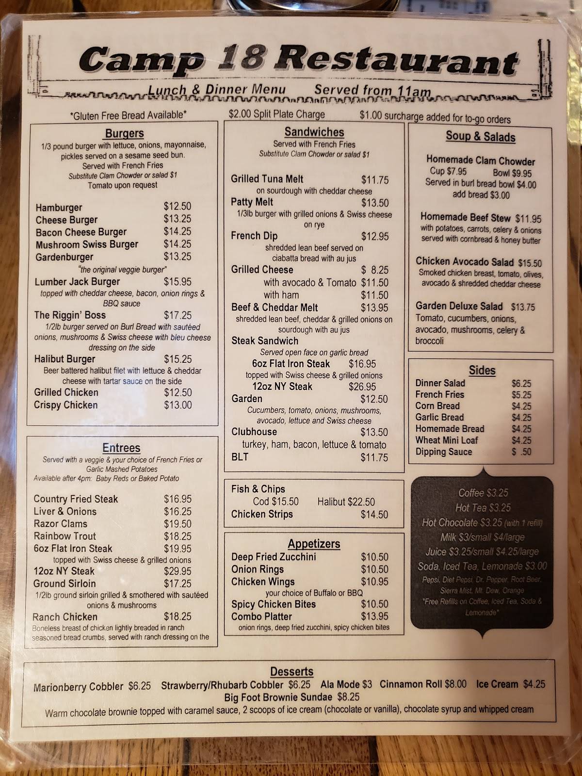 Menu at Camp 18 restaurant, USA