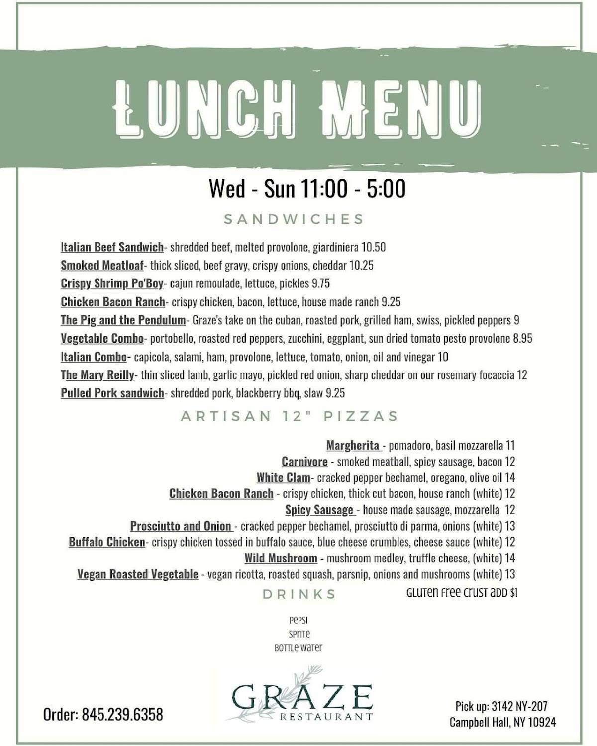 Menu at Graze restaurant, Campbell Hall
