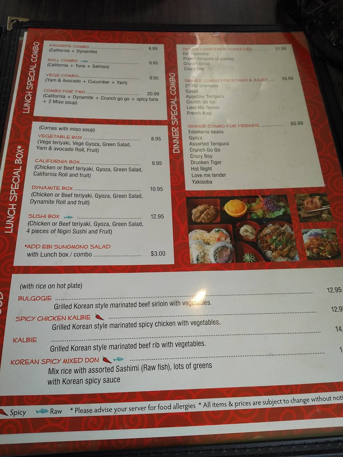 Menu at Miki's Sushi restaurant, Campbell River