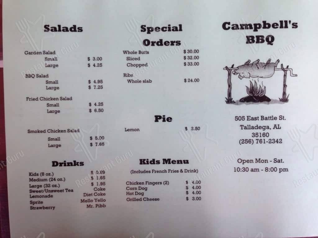 Menu at Campbells BBQ, Talladega