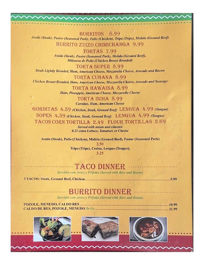 Menu at Campestre Mexican Restaurant, Round Lake Beach