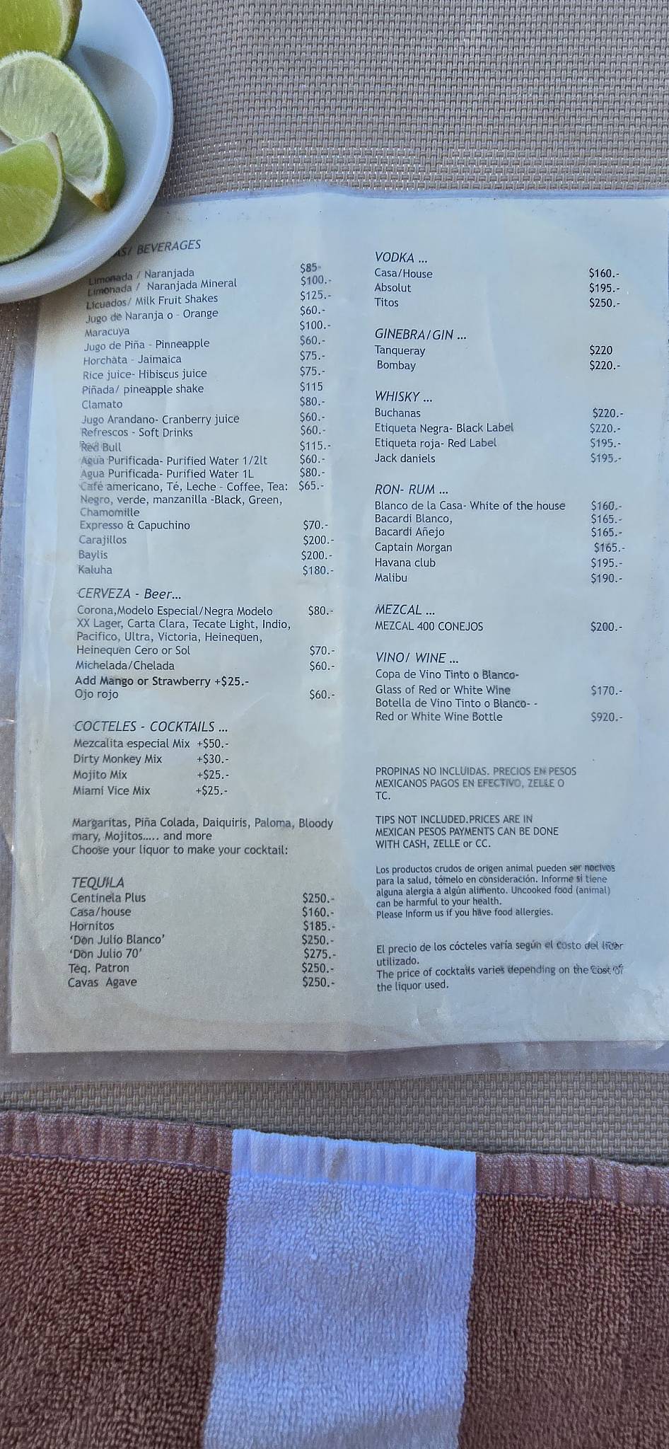 Menu at Cañabar Beach Club, Isla Mujeres