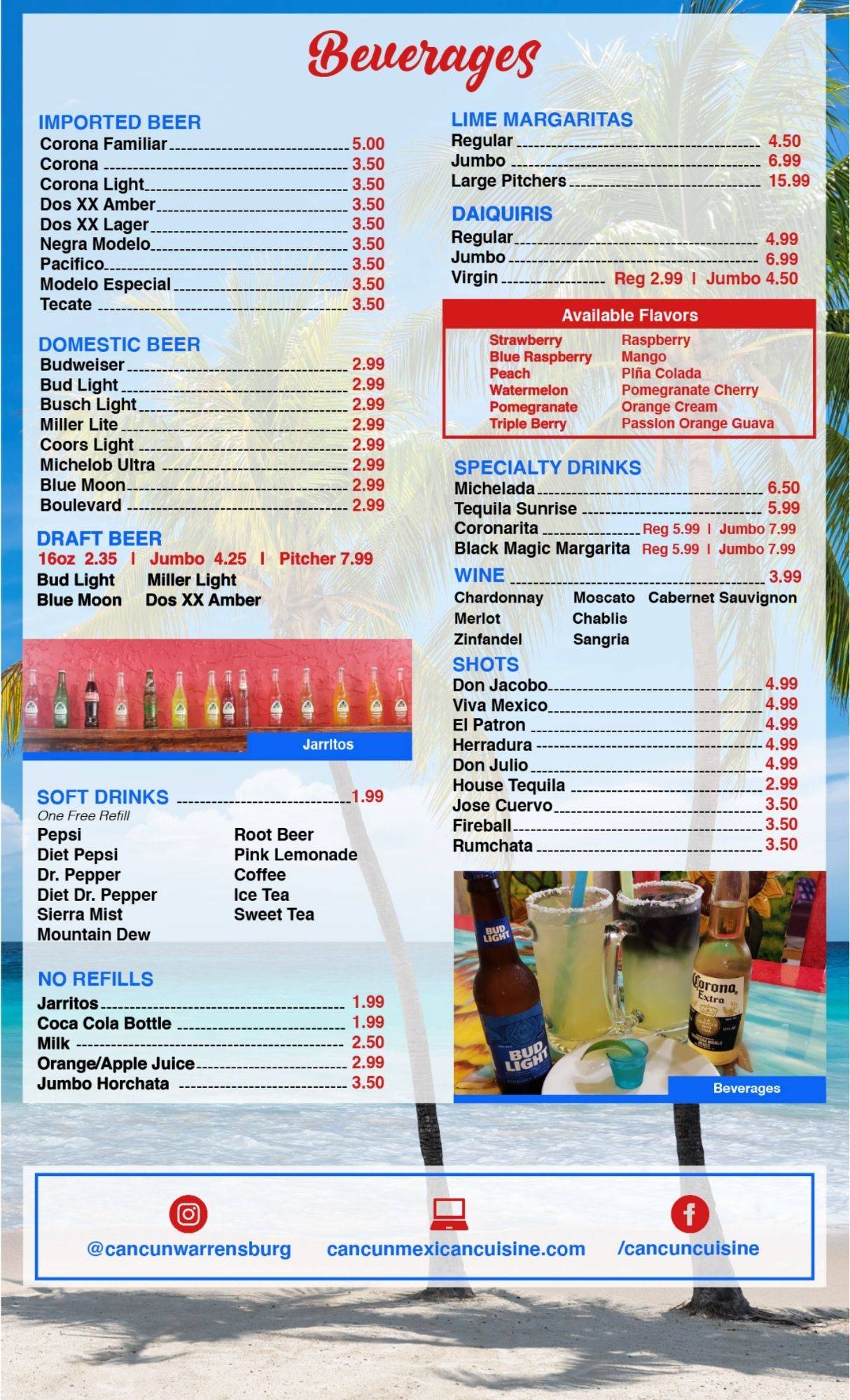 Menu at Cancun Mexican Cuisine restaurant, Warrensburg