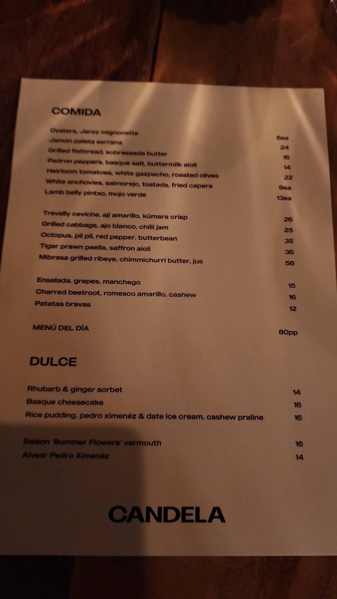 Menu at Candela restaurant, Auckland