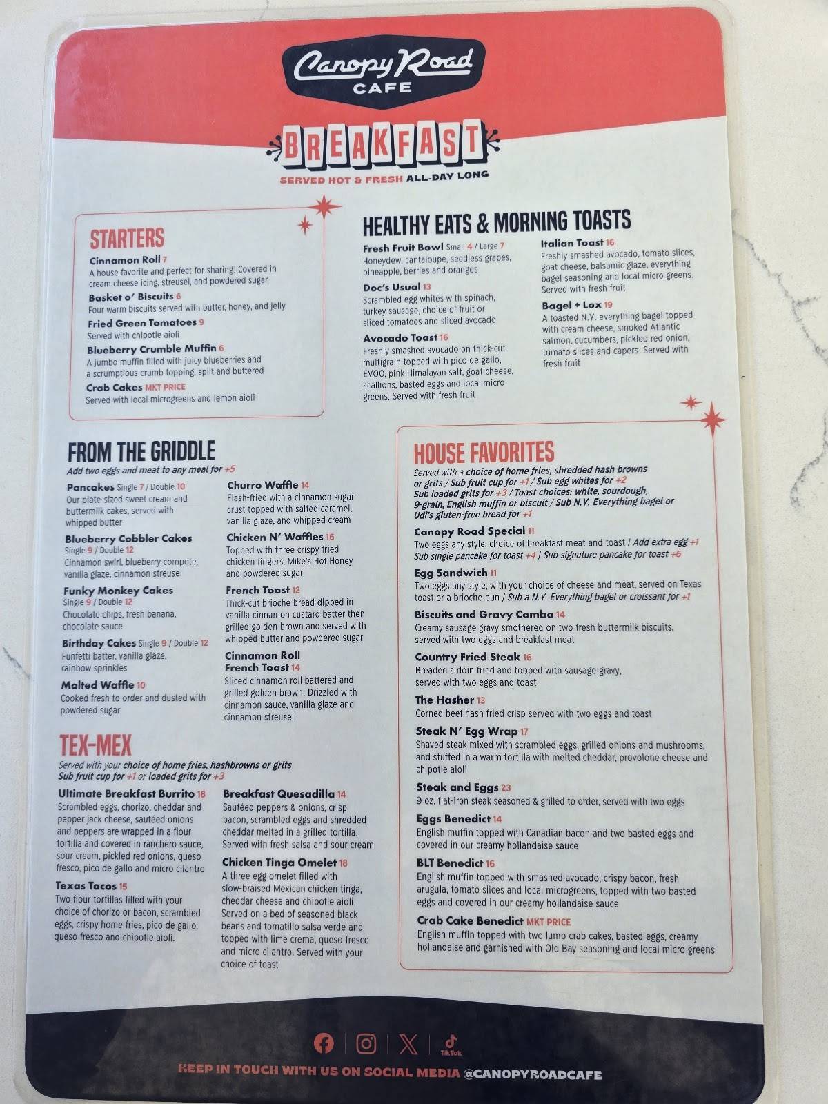 Menu at Canopy Road Café restaurant, Rosemary Beach