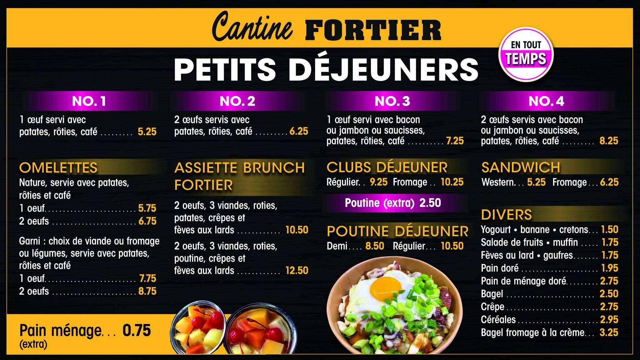 Menu au Cantine Fortier restaurant, Amqui