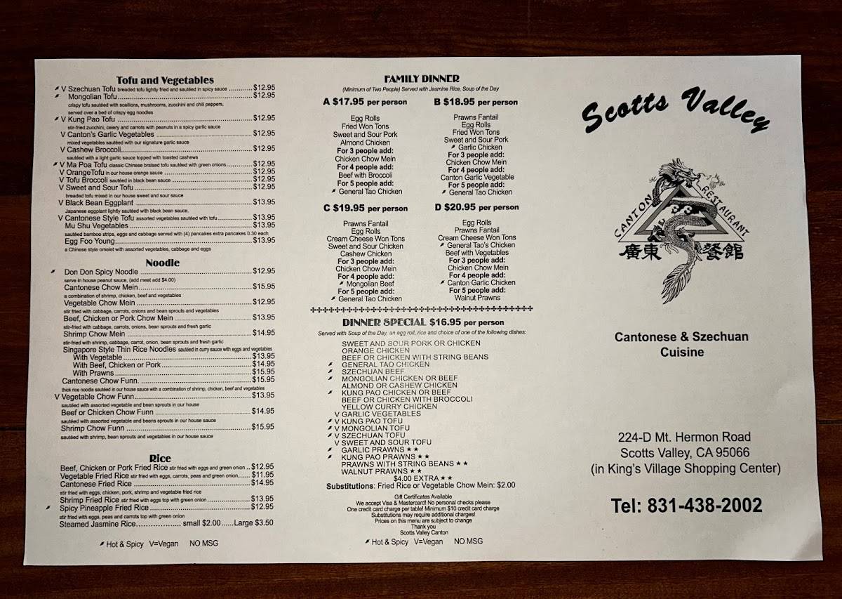 Menu at Canton Restaurant, Scotts Valley, Scotts Valley