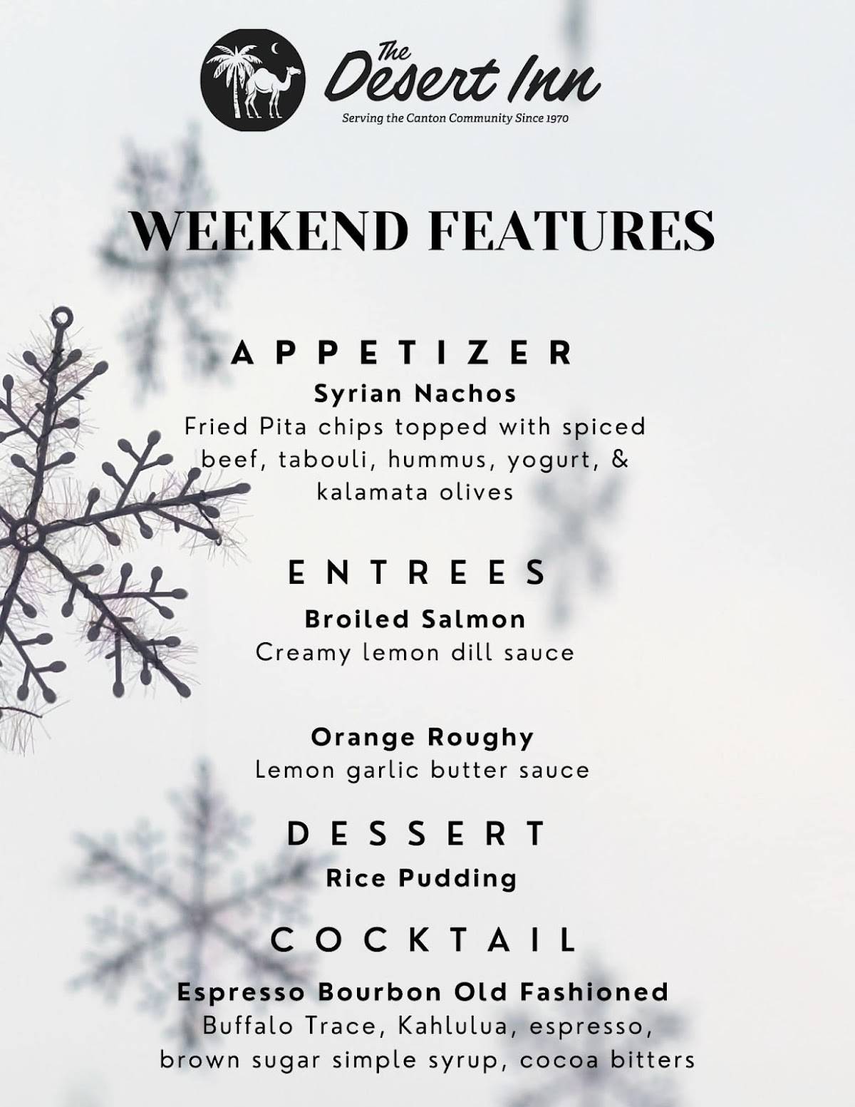 Menu at The Desert Inn restaurant, Canton