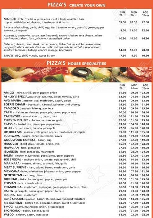 Menu at Ashley's Family Restaurant, Cape Town, 123 Voortrekker Rd