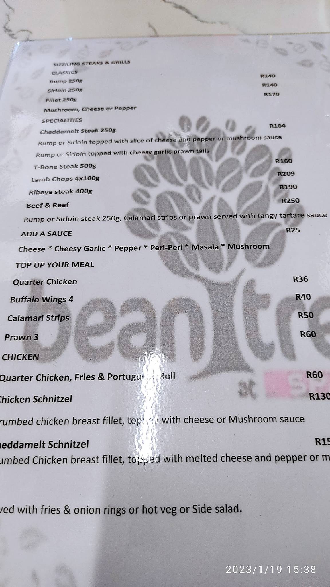 Menu at Beantree Cafe at Spar Strandfontein, Cape Town
