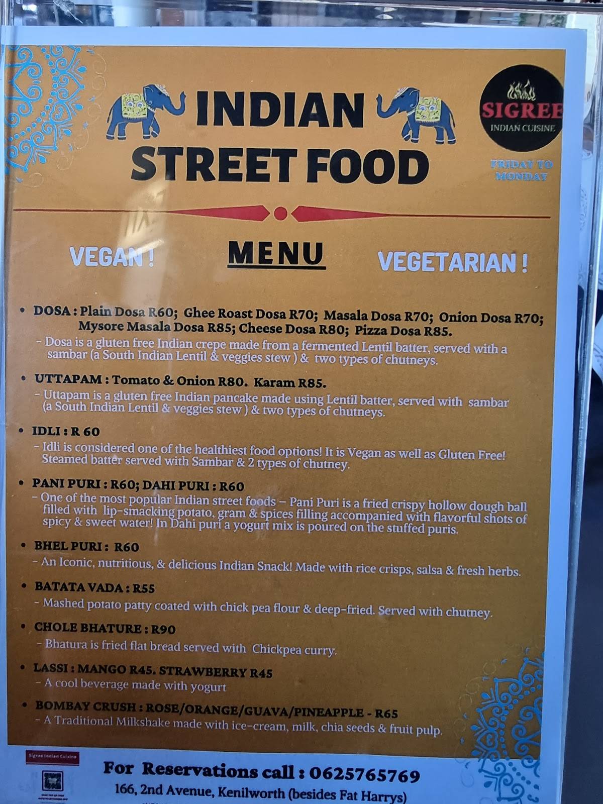 Menu at Sigree Indian Cuisine restaurant, Cape Town, 166 2nd Ave