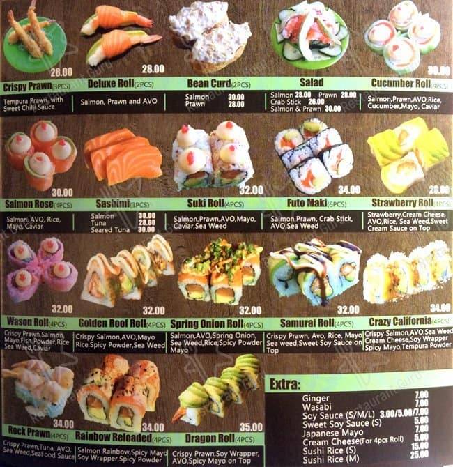 Menu at Wason Chinese Sushi restaurant, Cape Town