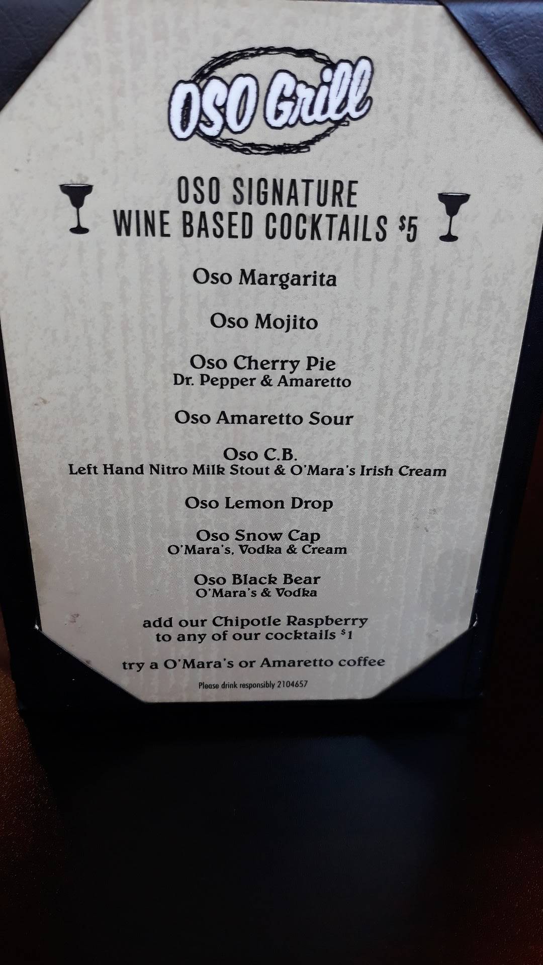 Menu at oso grill pub & bar, Capitan
